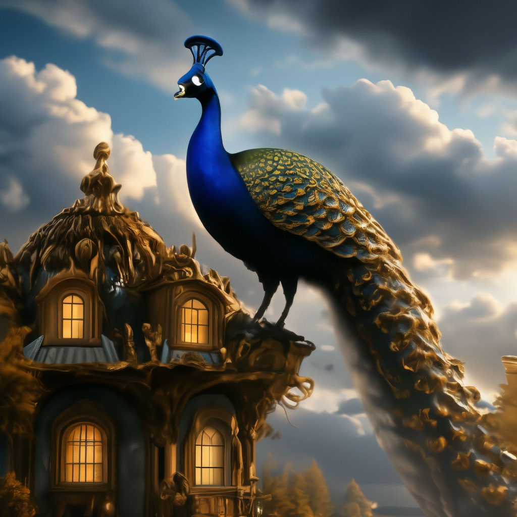 "Hyperrealism, anthropomorphic cloud peacock, old Baba yaga in the ...