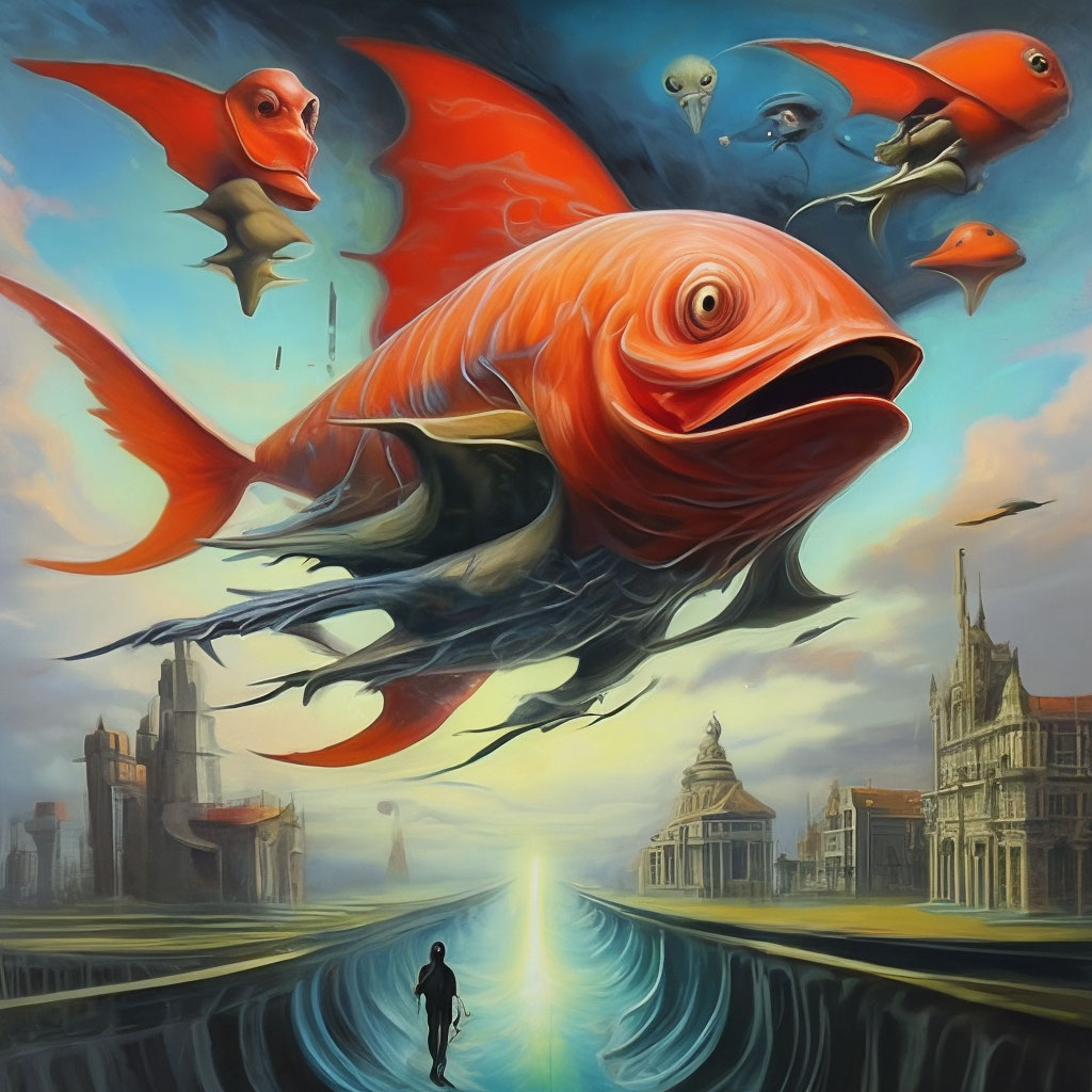"Surrealism,horror,abstraction,flying fish" — image created in Shedevrum