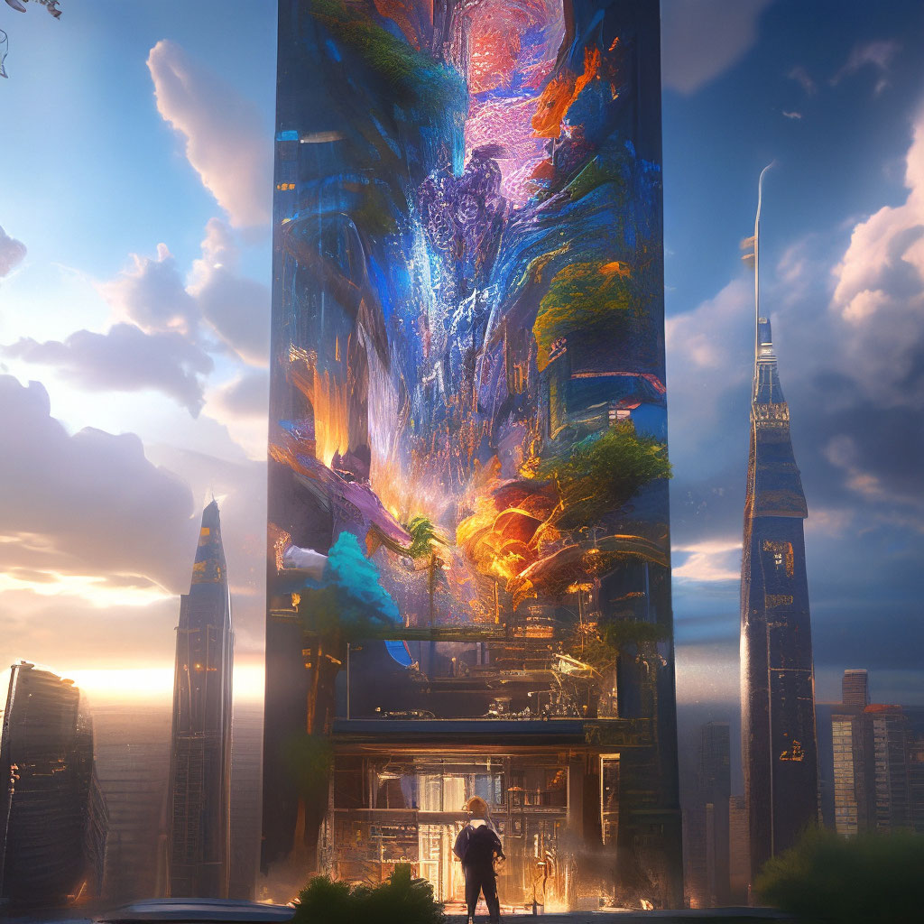 "Huge beautiful paintings of artists hanging on a skyscraper, ultra ...