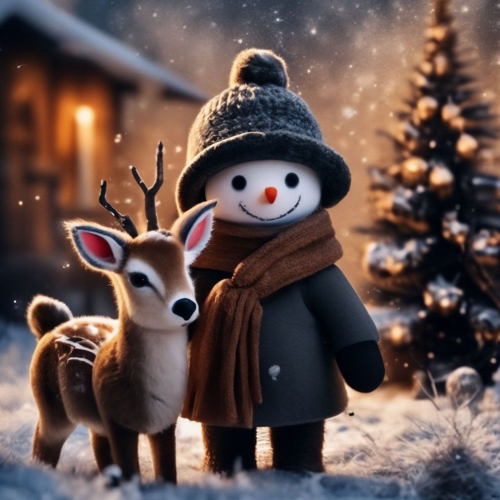 "A small snowman in a scarf and a hat with a fawn near a fluffy ...