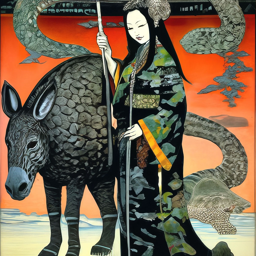 "A chameleon woman, and a donkey, full-length, in the style of body art ...