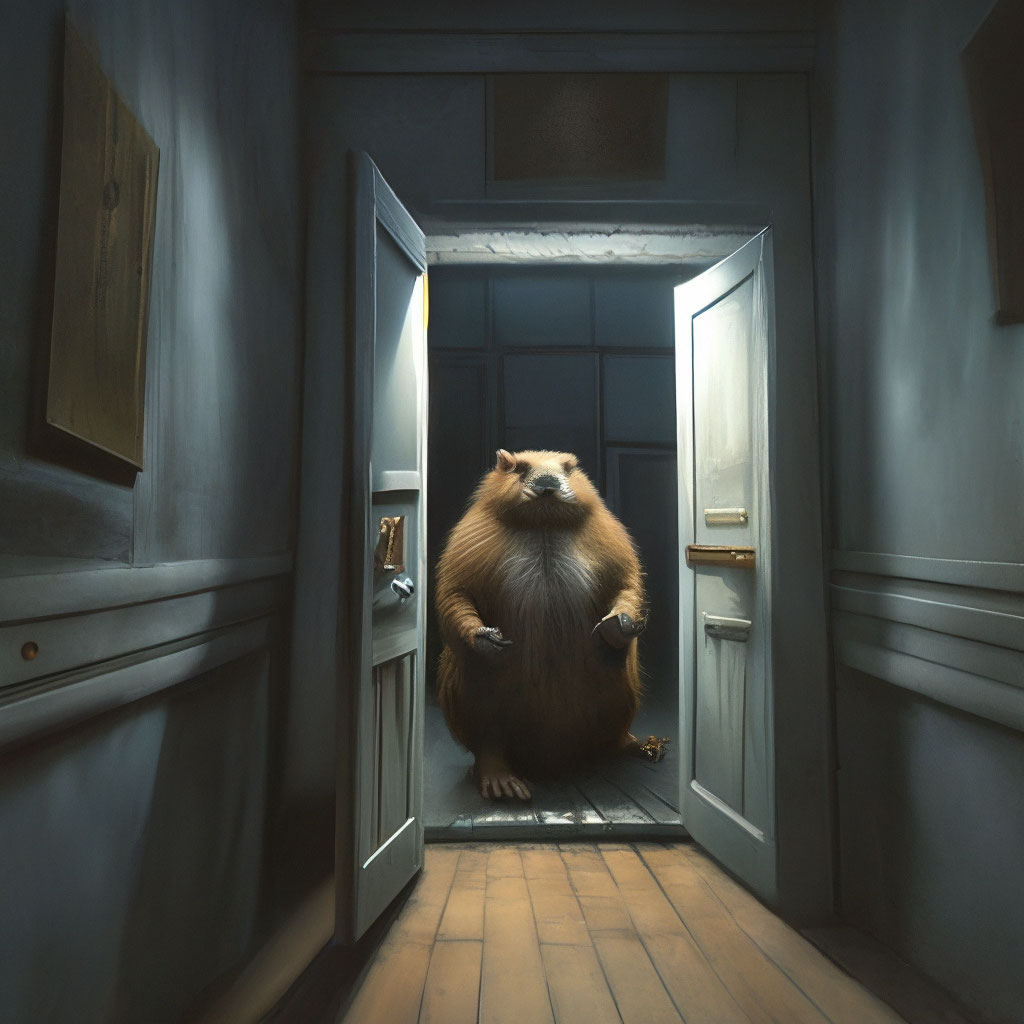 "A dark room, a dark corridor, an open door, a beaver looks out from ...