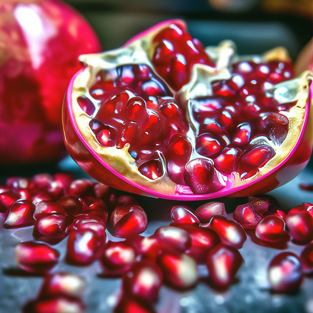 "Pomegranate fruit, broken, ripe ruby-colored grains spilled out ...