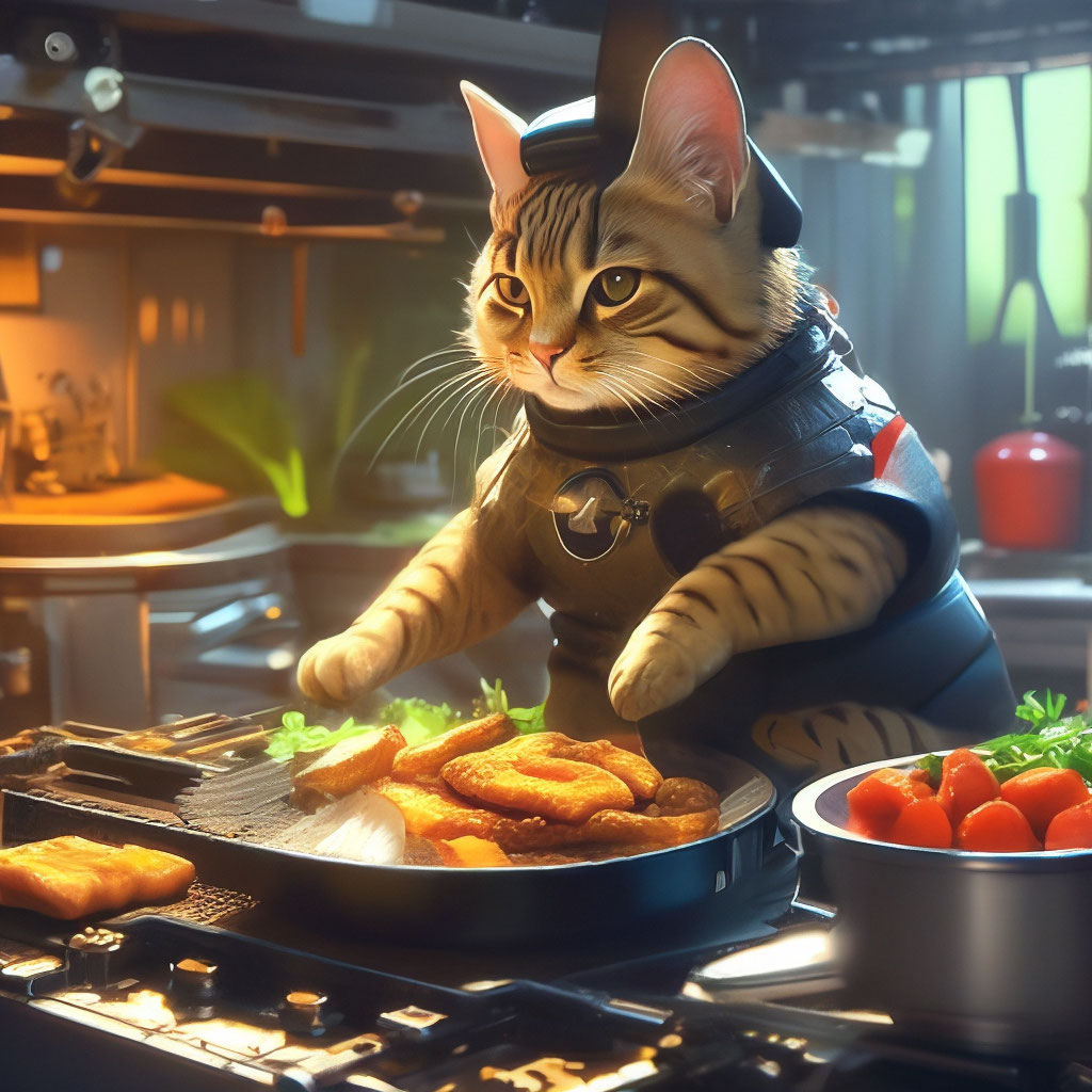 "The cat in the kitchen is cooking fried capybara with vegetables ...
