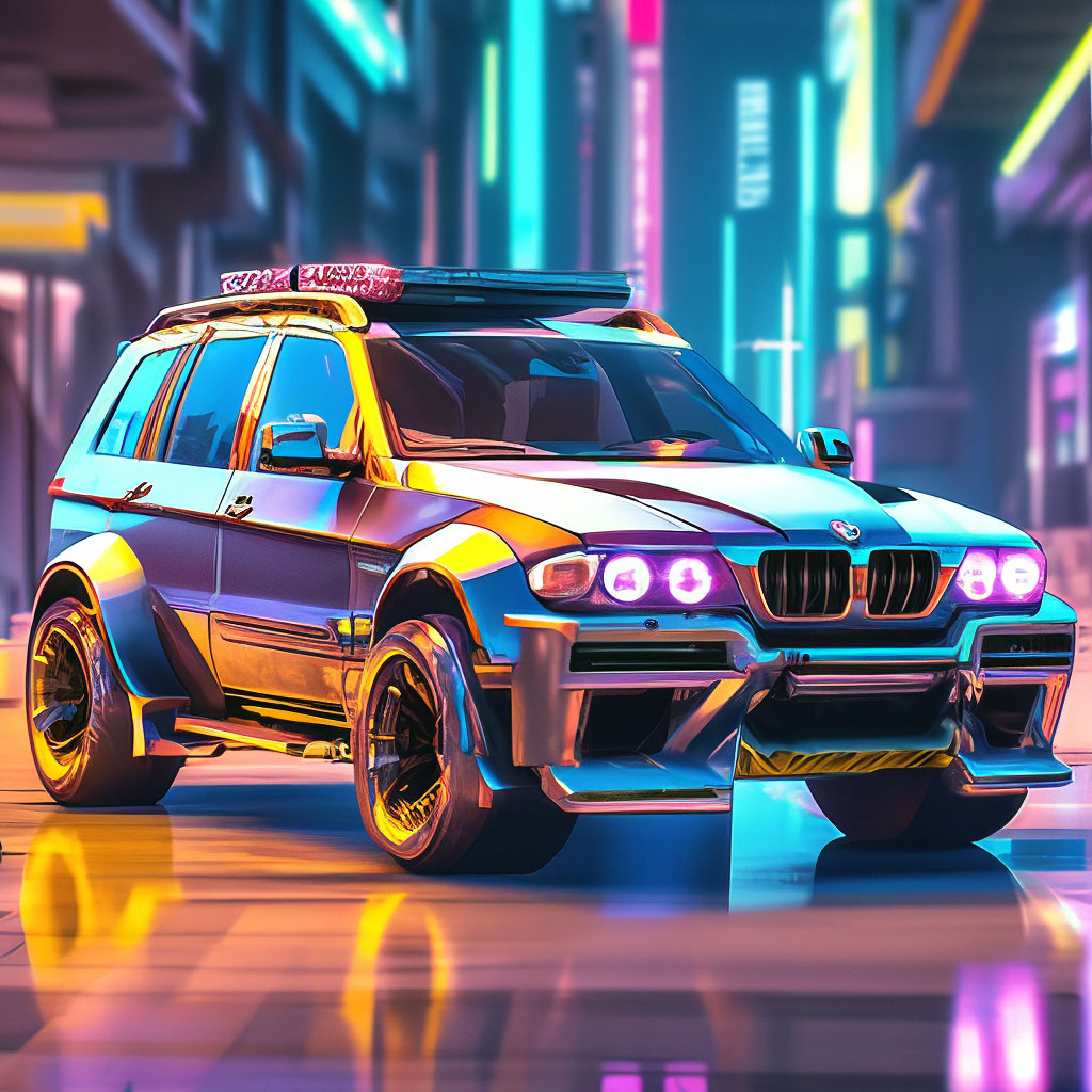 "Bmw x5 e53 in cyberpunk style" — image created in Shedevrum