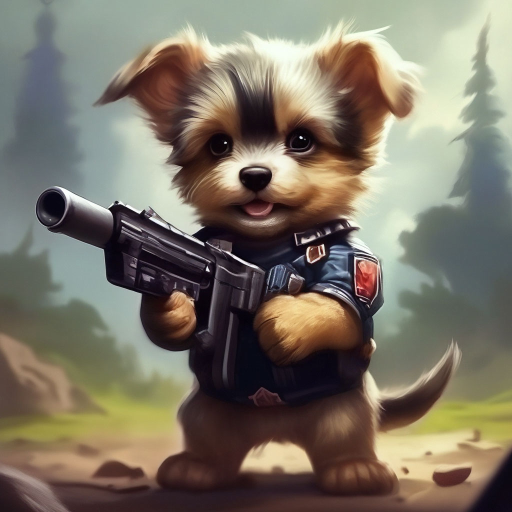 "Cute dog with a gun in his hands is very epic!!!" — image created in ...