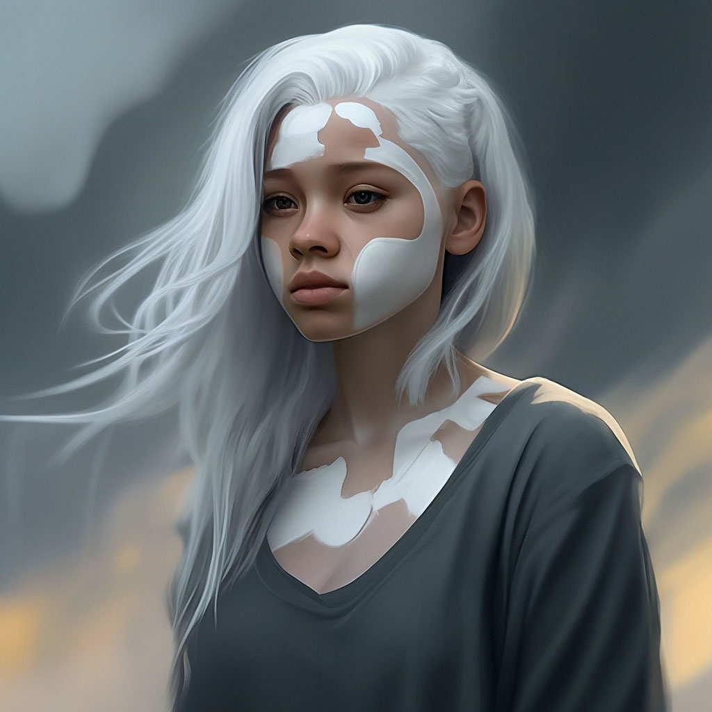 "A girl with vitiligo on her skin , with white hair" — image created in ...