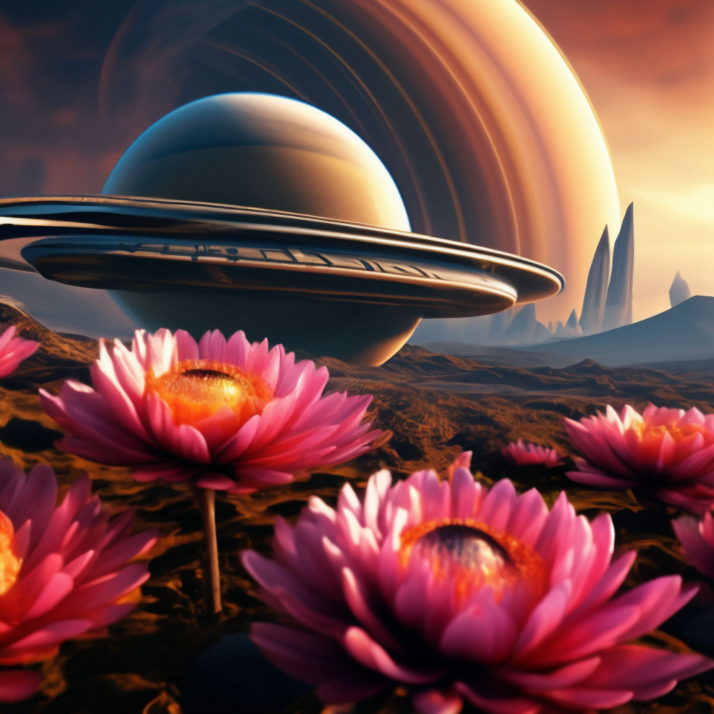 "A spaceship lands on another planet,Huge multicolored flowers,Saturn ...