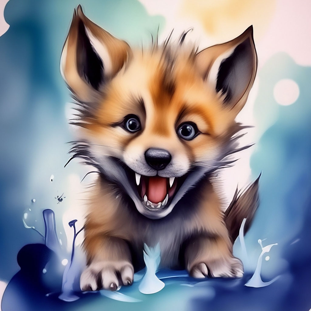 "Creep funny wolf cub, funny cartoon, watercolor" — image created in ...