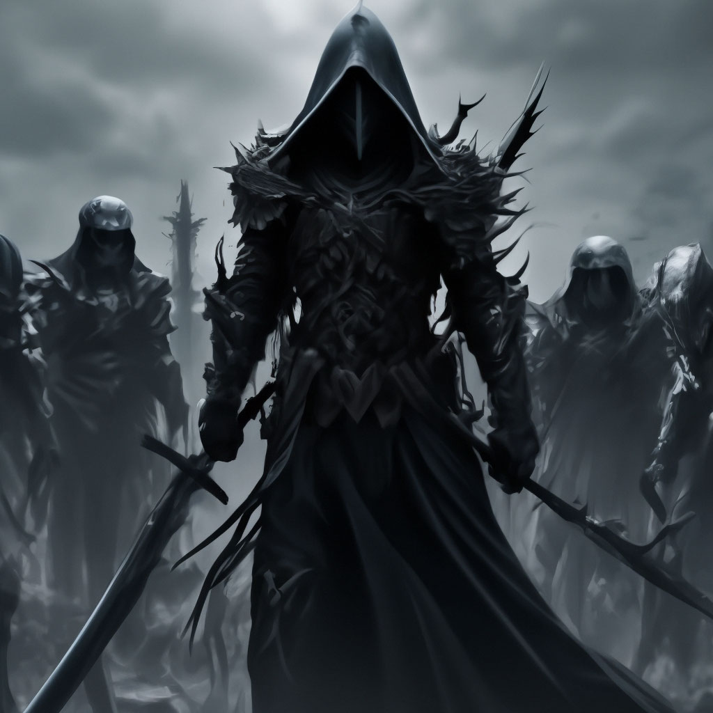 "A grim reaper with blades, surrounded by fallen warriors" — image ...