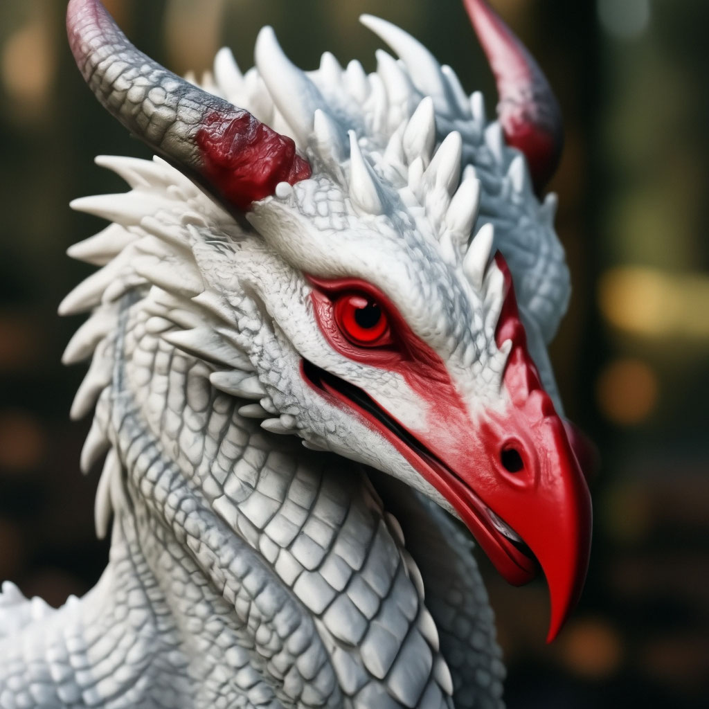 "A cute white dragon with red horns and a bird's beak" — image created ...