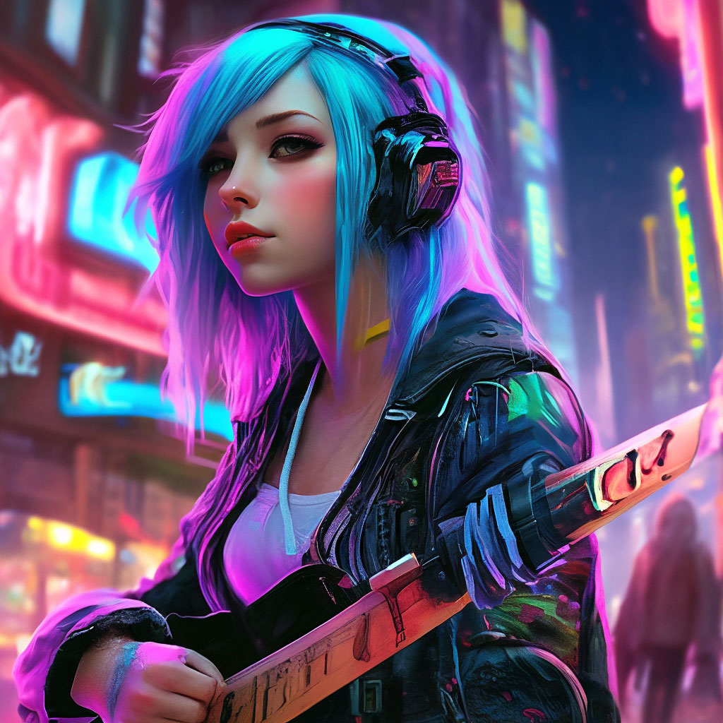 "Emo girl high detail, neon city, musicians" — image created in Shedevrum