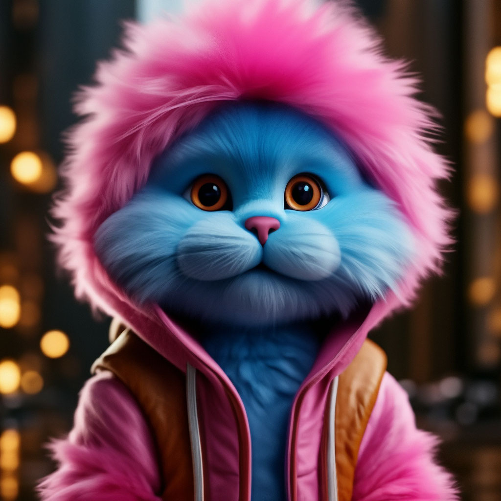 "Funny fluffy hybrid,pink smurf,cat,in smurf clothes, overdetalization ...