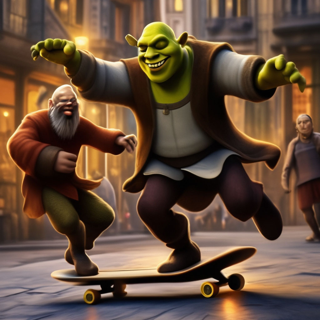 "Wizards dance breakdance and Shrek rides next to them on a skateboard ...