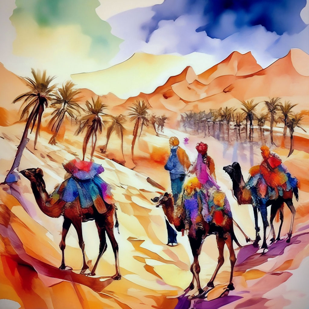 "Desert, a caravan in the distance, nomadic camels in bright clothes ...