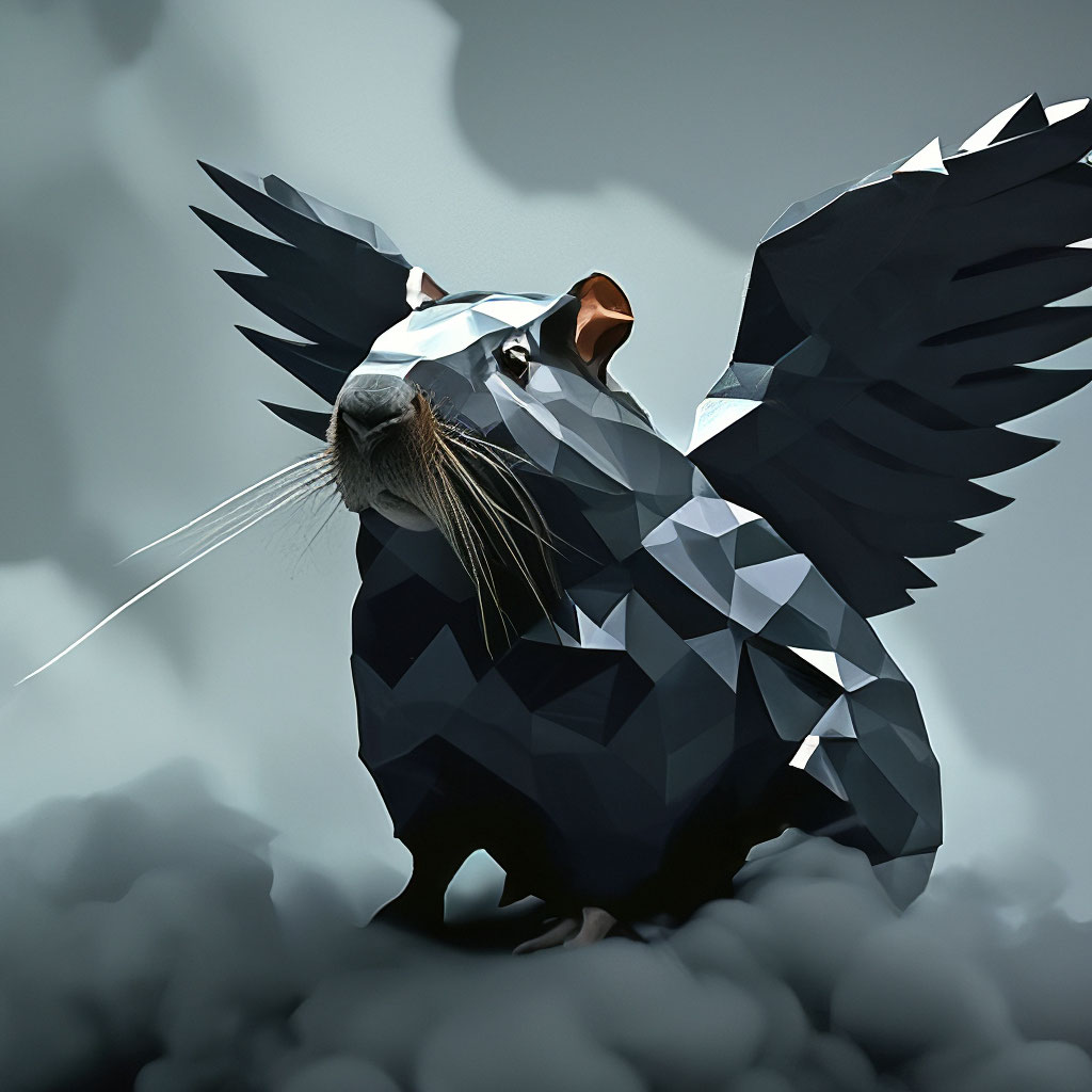 "Digital art, polygonal style black capybara with black wings in a low ...