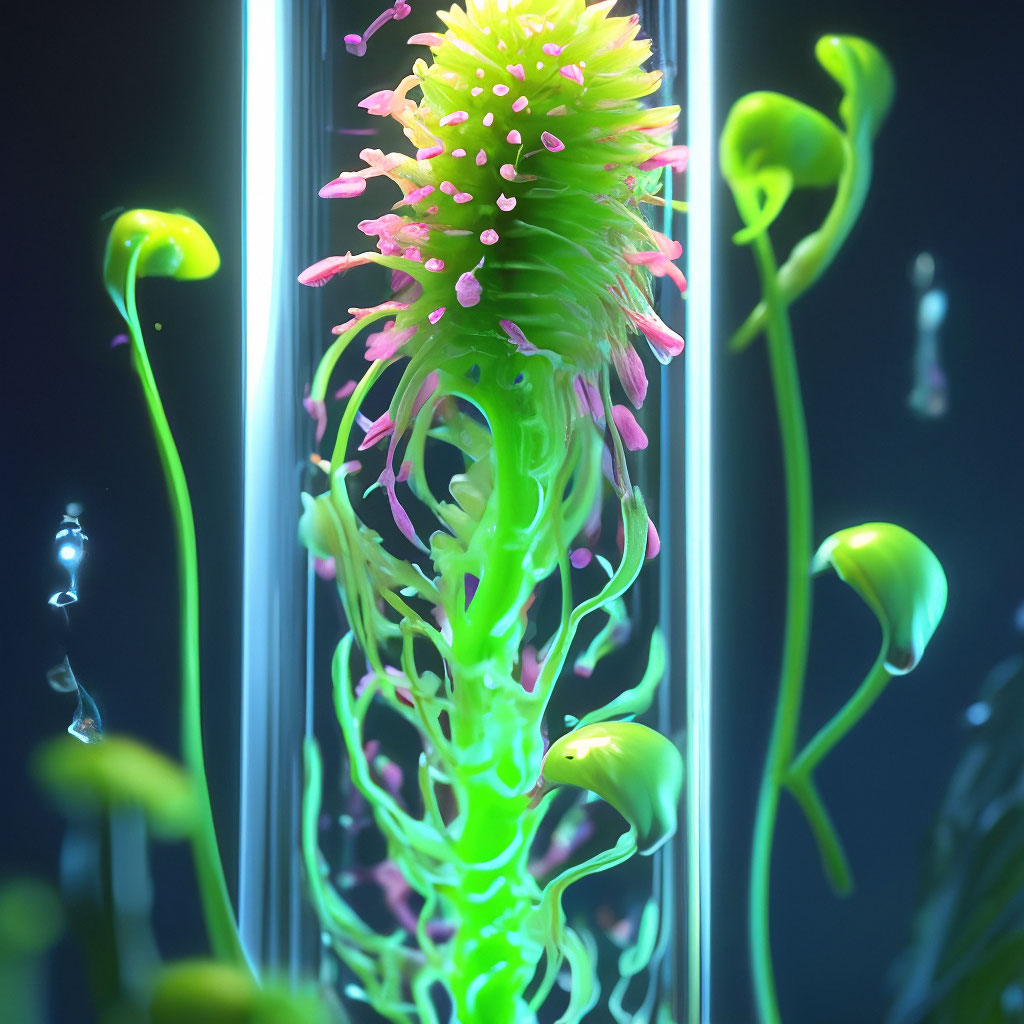 "Botanical art, predatory flower in a test tube, green villi, tendrils ...