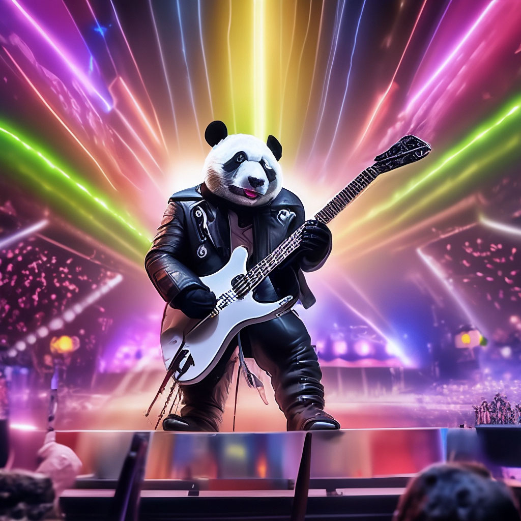"A panda in a leather jacket plays a black bass guitar on a large stage ...