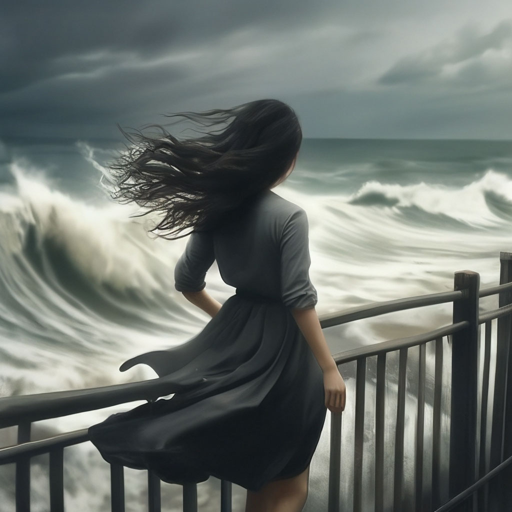"The girl dark hair is developing in the wind is walking along the ...