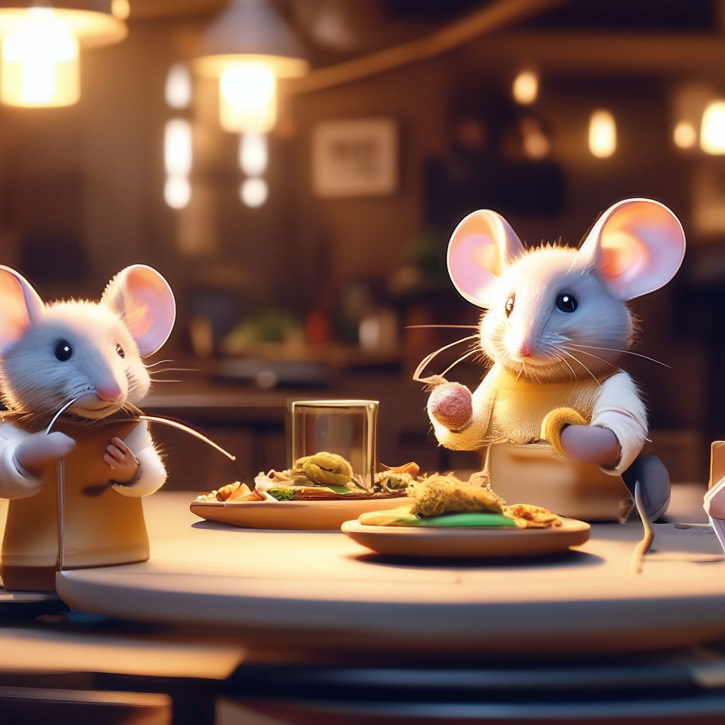 "Mouse restaurant, high detail, with mice sitting at a table, rustic ...