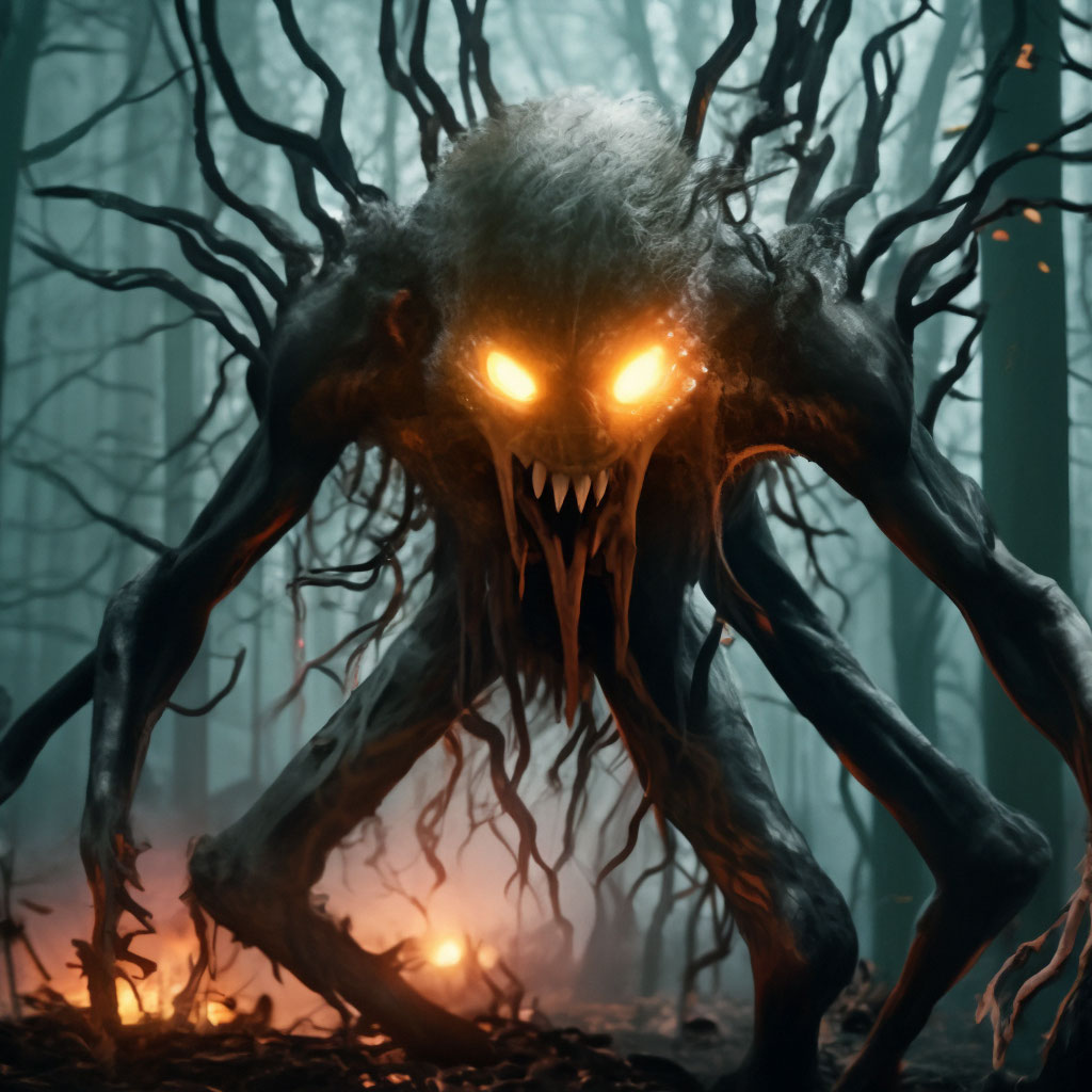 "A scary forest mutant with a bunch of arms and legs and glowing eyes ...