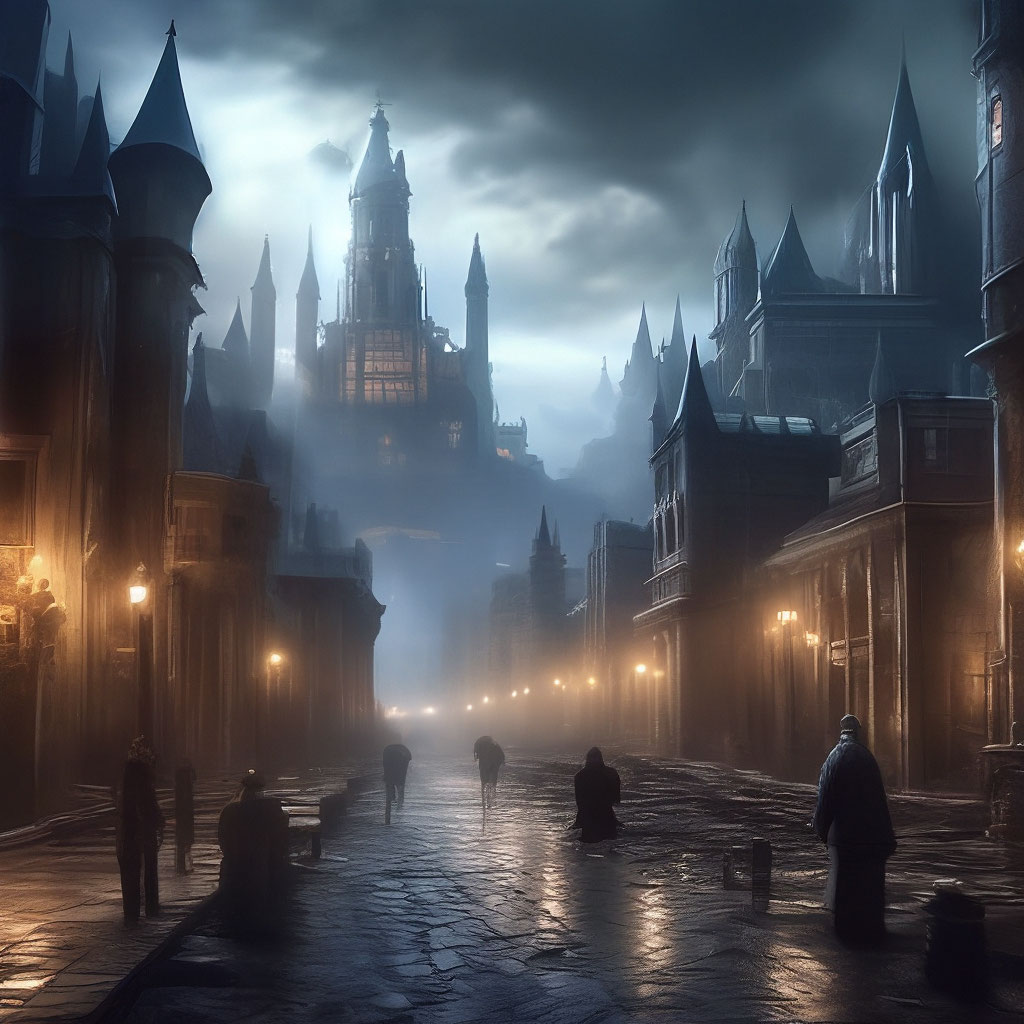 "The city of a gloomy ancient magical world airbrushing, sharpness, art ...