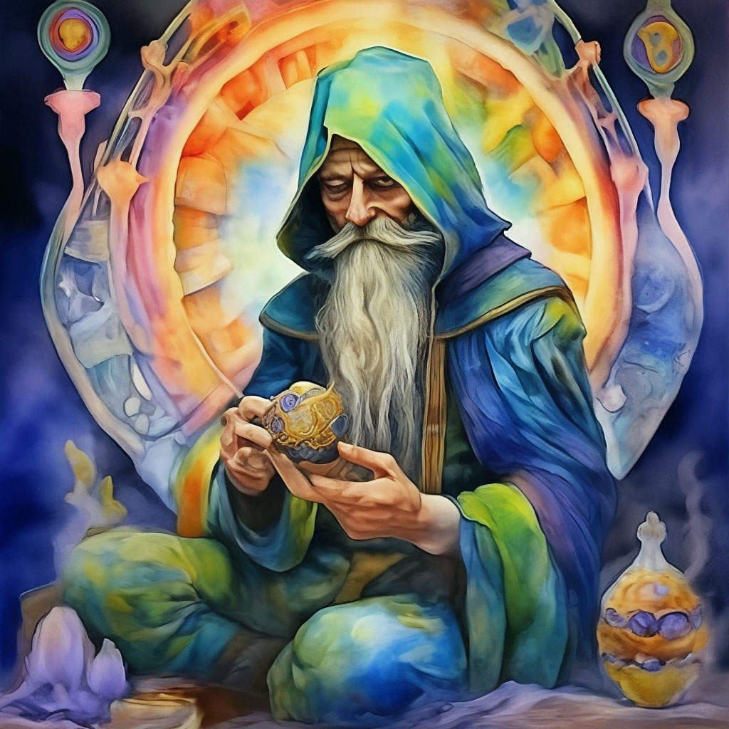 "Watercolor, grotesque, psychedelic, tarot hermit, surrealism ...