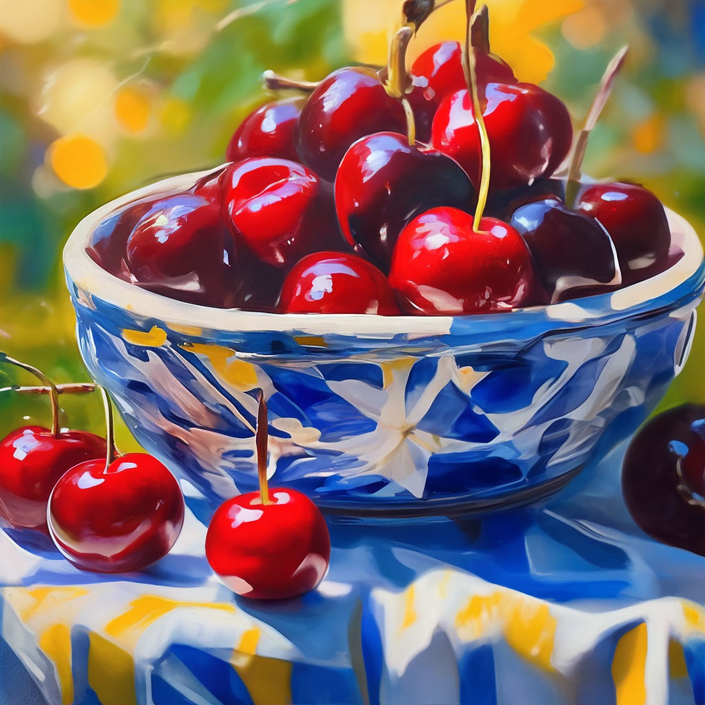 "Cherries in a ceramic bowl with an ornament under the sun, impasto ...