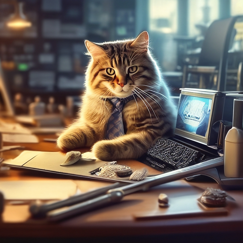 "A cat at work" — image created in Shedevrum
