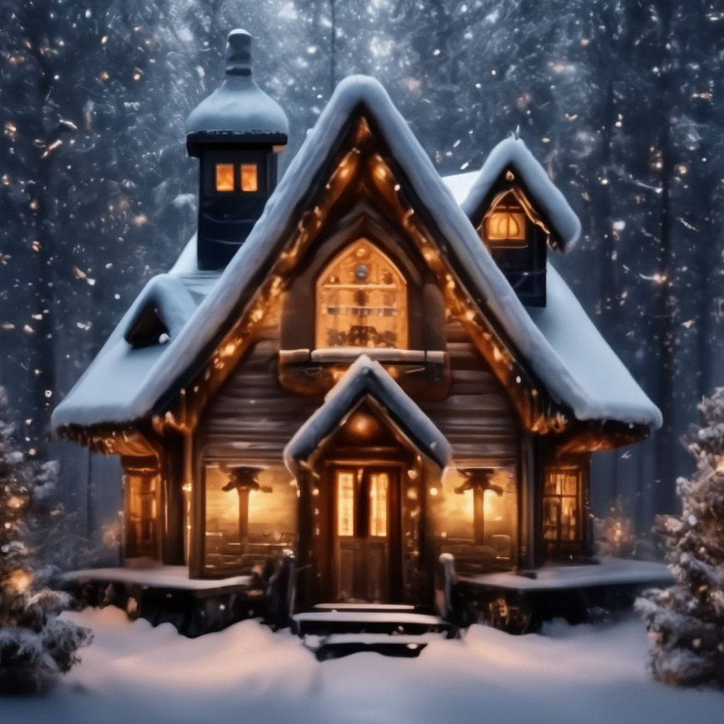 "A fabulous house with a Christmas tree in the winter forest lights and ...