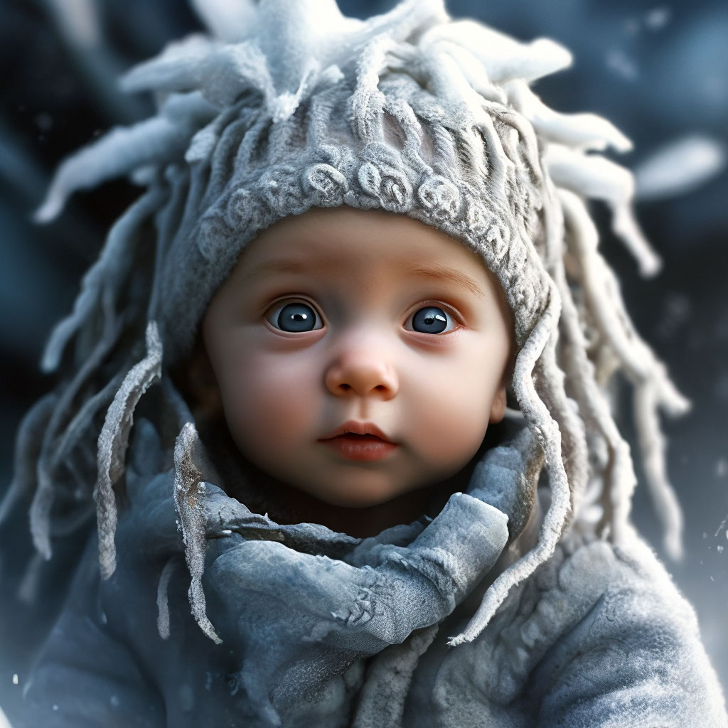 "Hyperrealism,hyperdetalization,baby with icicle dreadlocks on his head ...