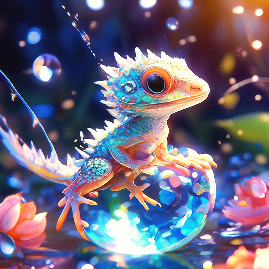 "Anime lizard,cute funny, bright, zintangle, on a crystal bubble ...