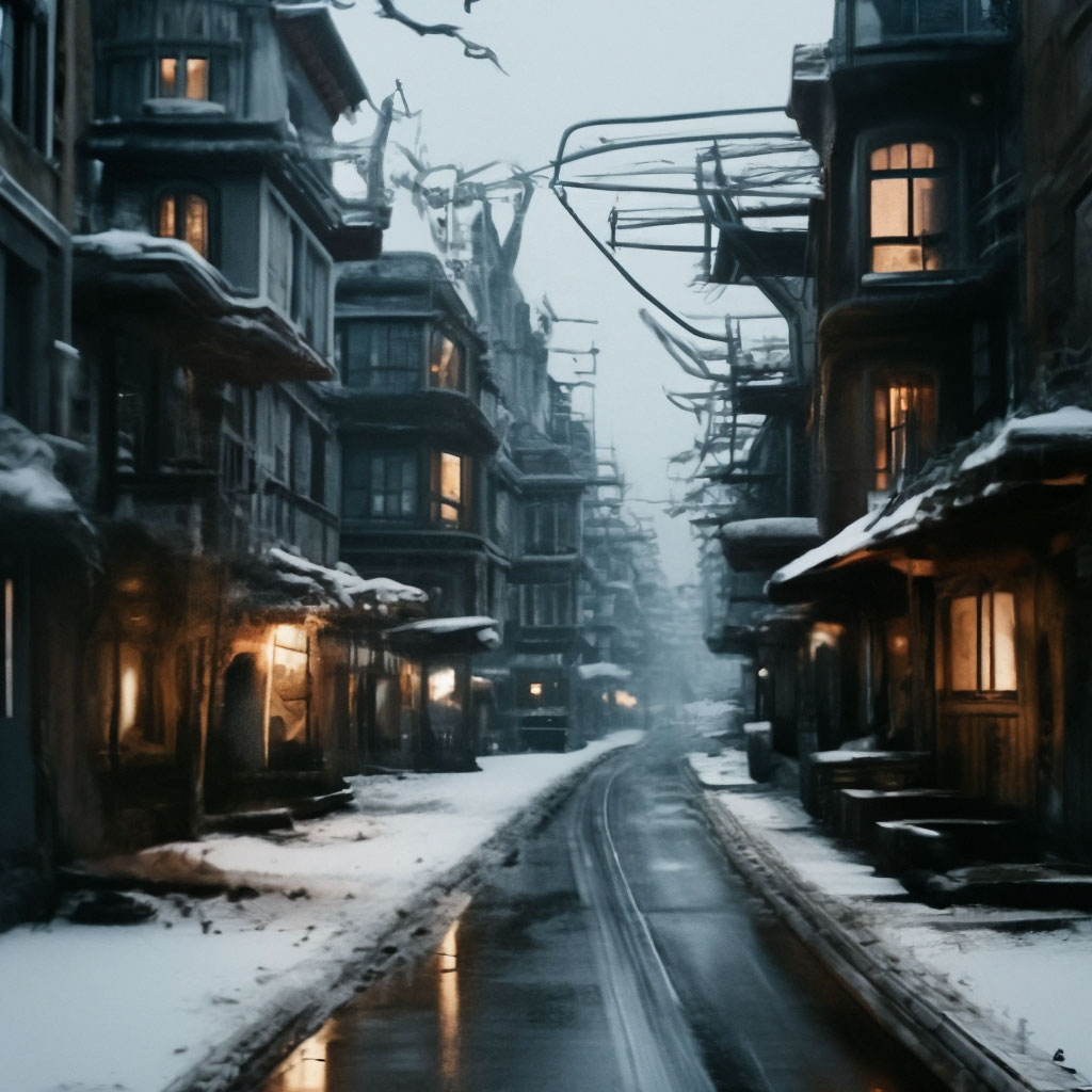"It snows in a small town day" — image created in Shedevrum