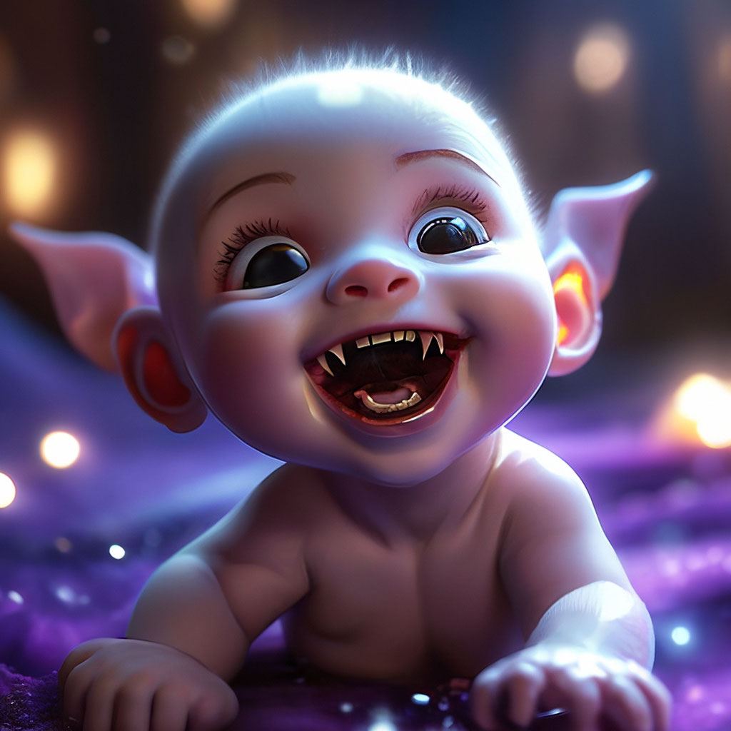 "A very cute baby vampire, with sharp teeth. soft light, glitter ...