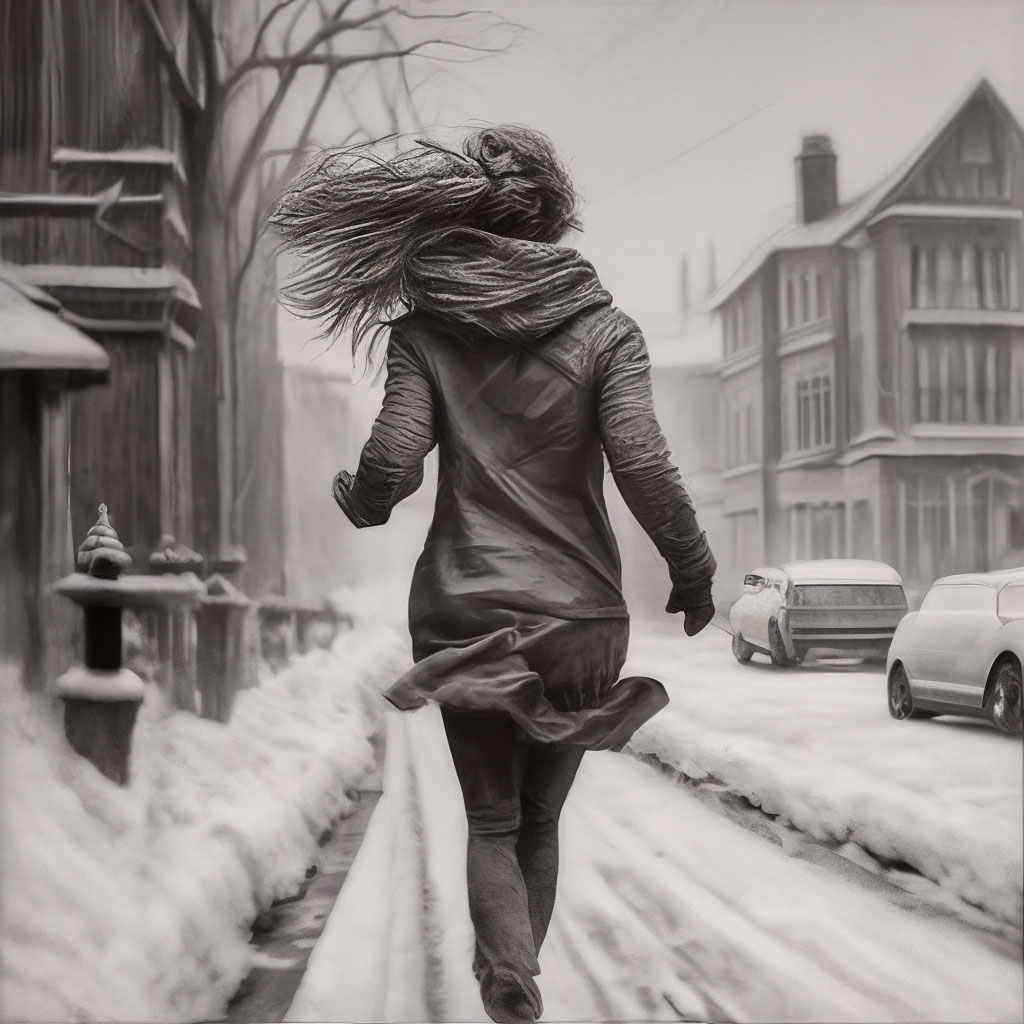 "Winter, blizzard, a woman running barefoot in the cold, early morning ...
