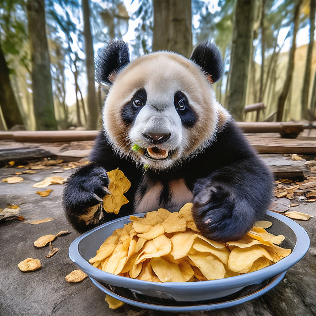 "Panda eats chips" — image created in Shedevrum