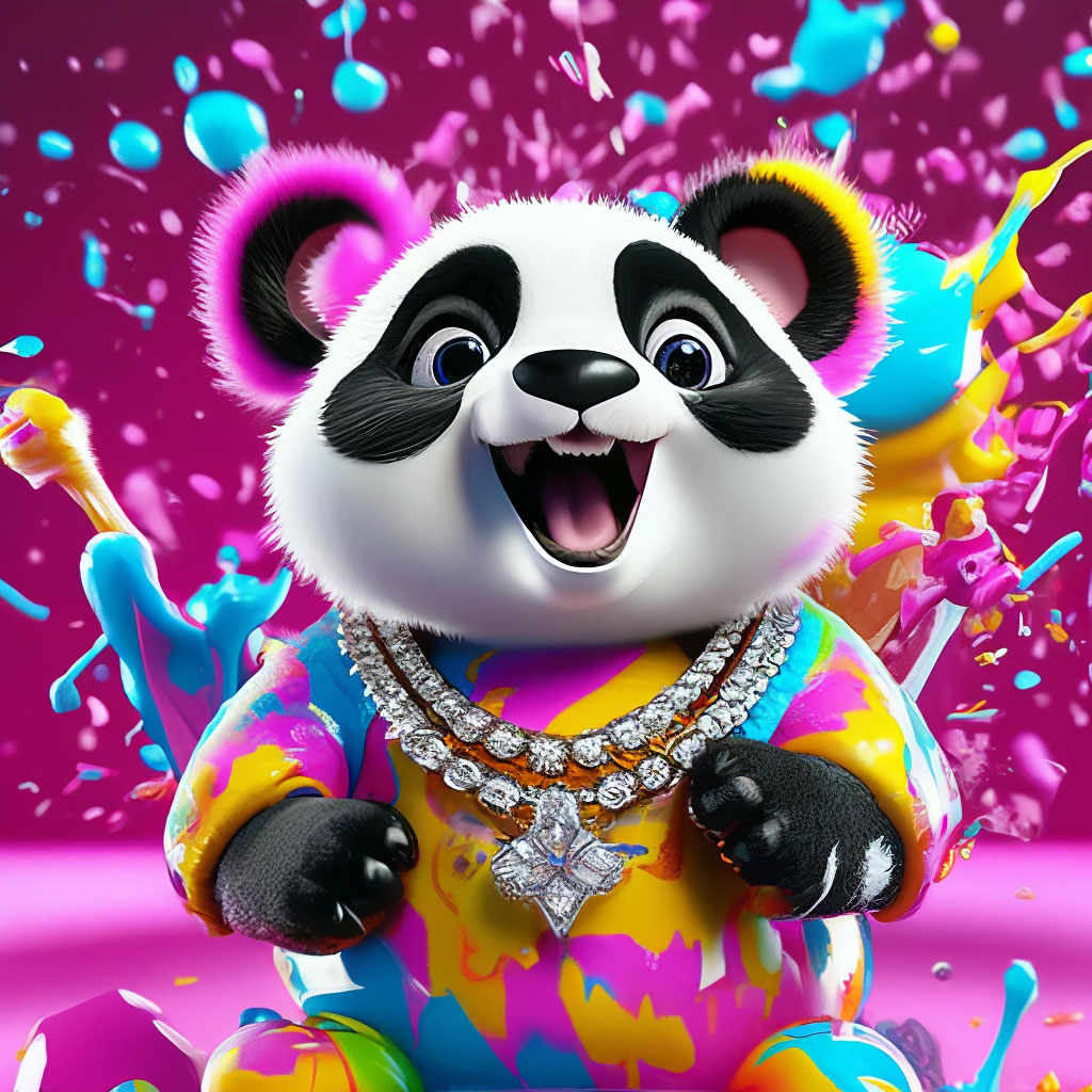 "3d screensaver, cute multicolored panda with expensive watch, diamond ...