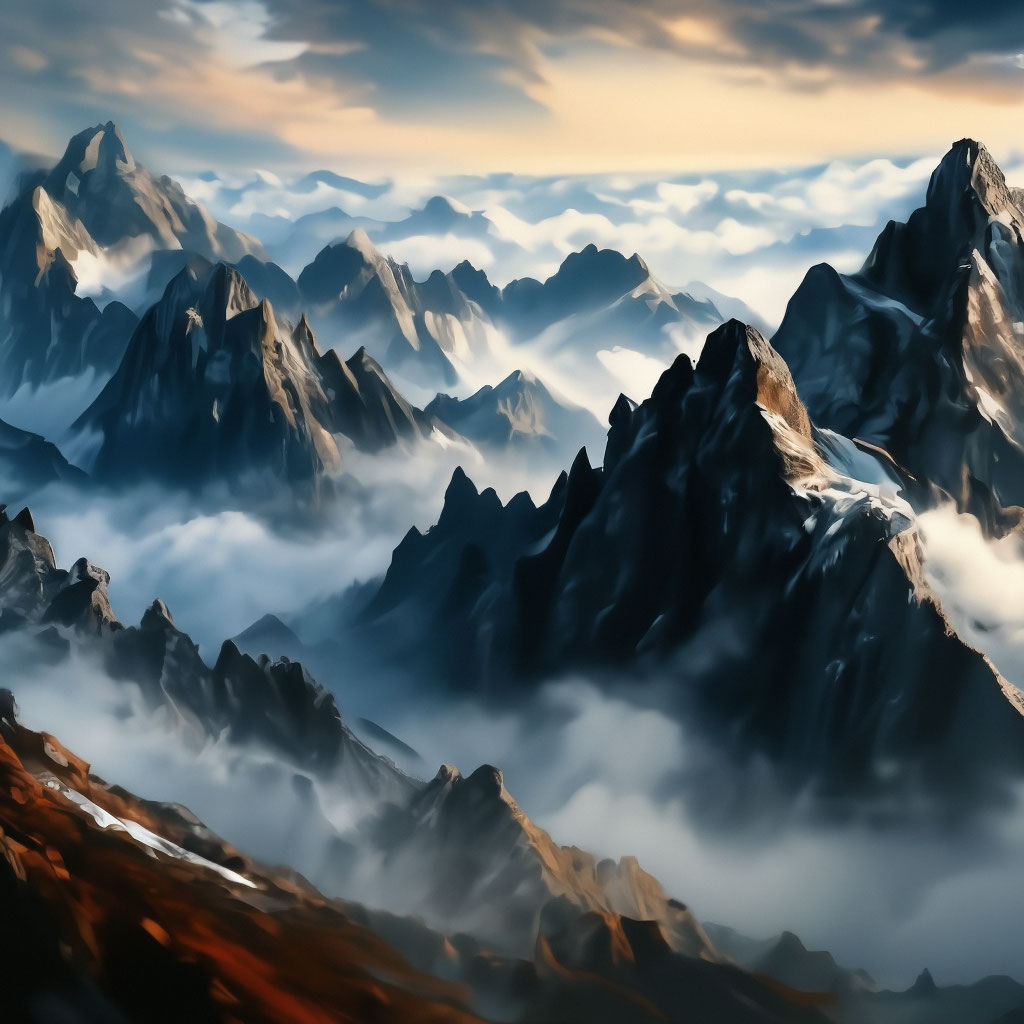 ""Wind tablets in mountain peaks" The painting shows high-altitude ...
