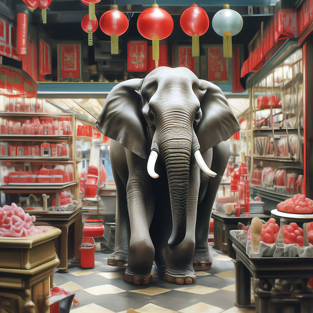 "The elephant in the china shop. high quality, realism" — image created ...