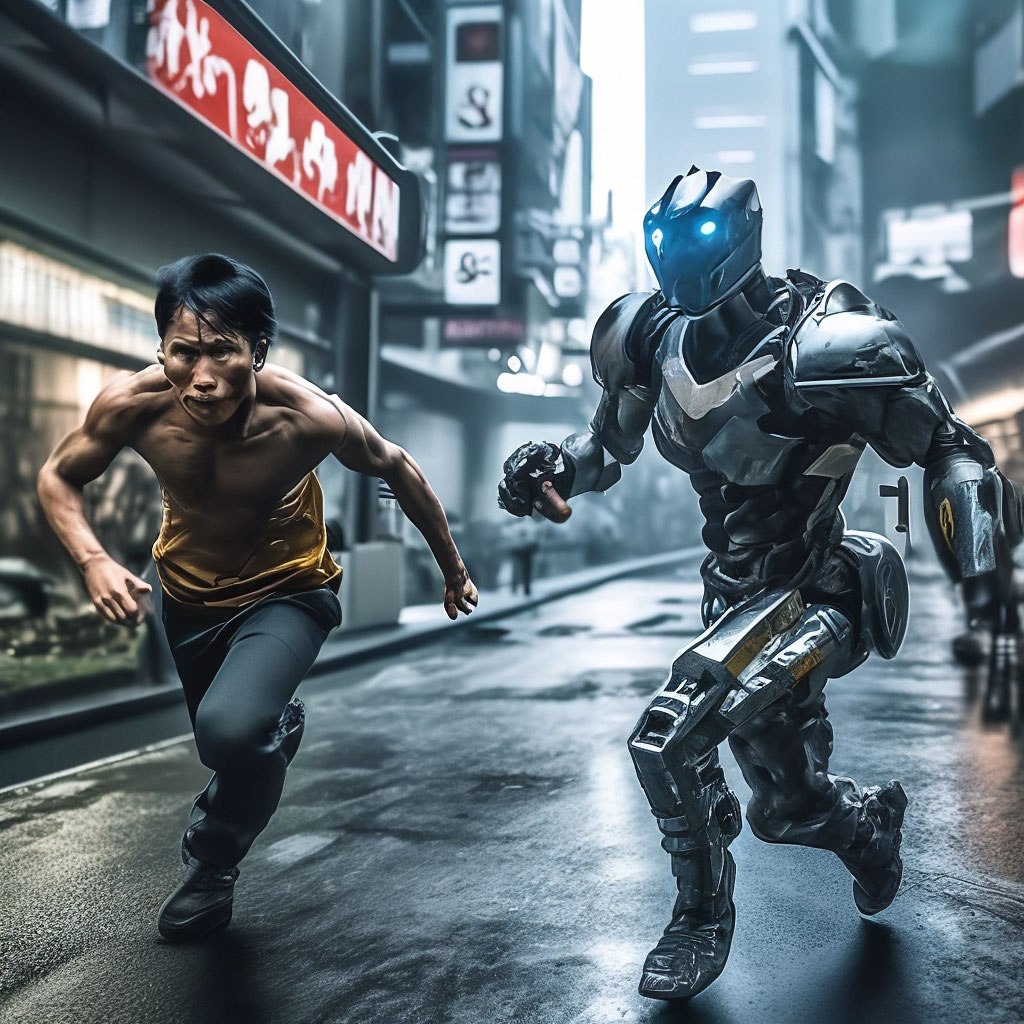 "A full metal cyborg is chasing a human in the streets of real Tokyo ...