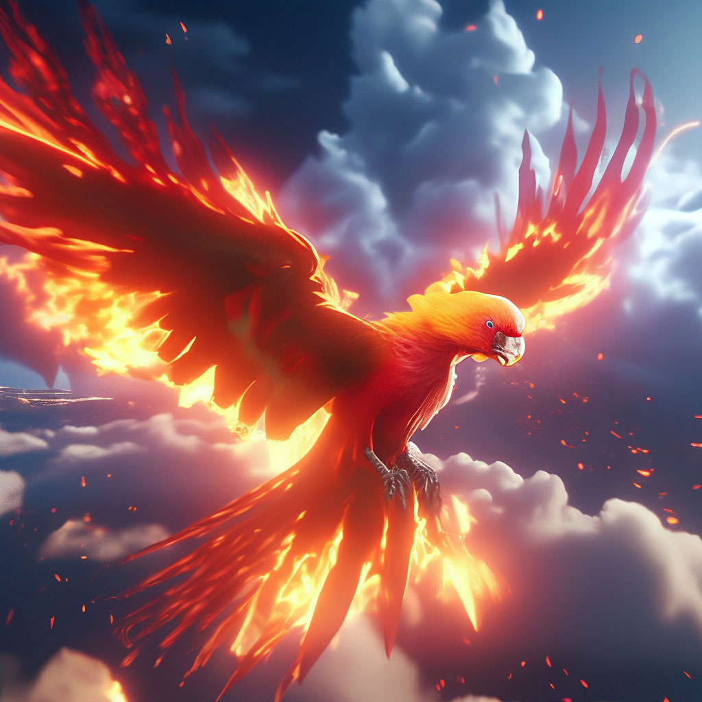 "A fiery phoenix parrot flies in thunderclouds, followed by a fiery ...
