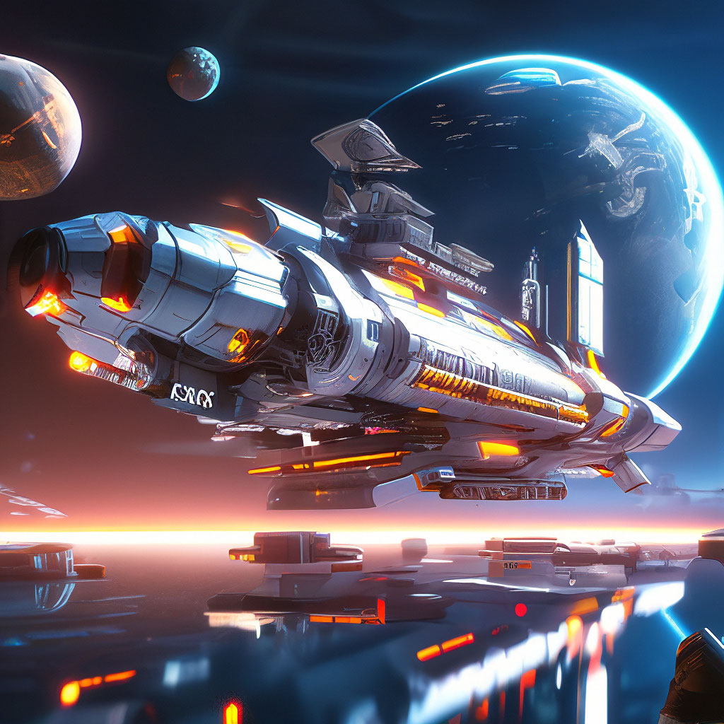 "Hyper-realistic Combat space ultra ship takes off from the space ...