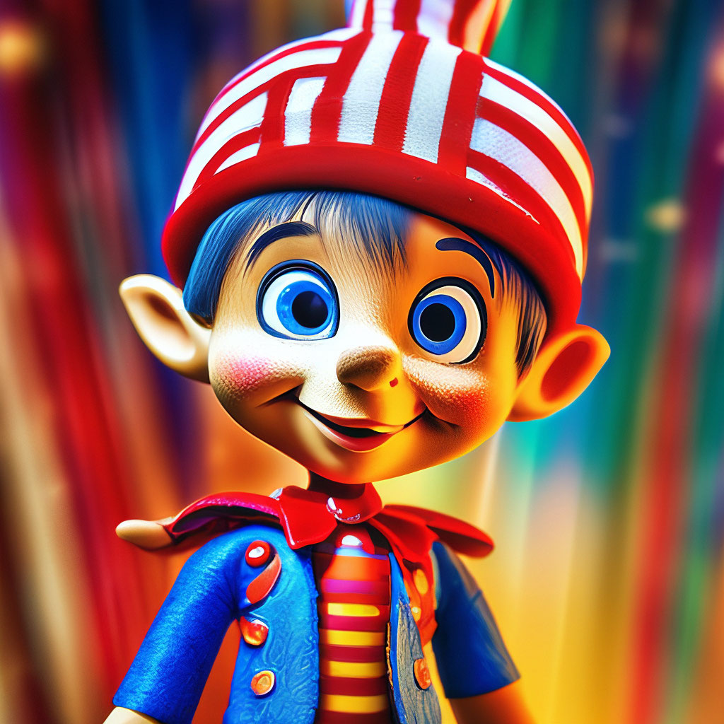 "Pinocchio, wooden boy, long nose,hair made of shavings,striped sock ...