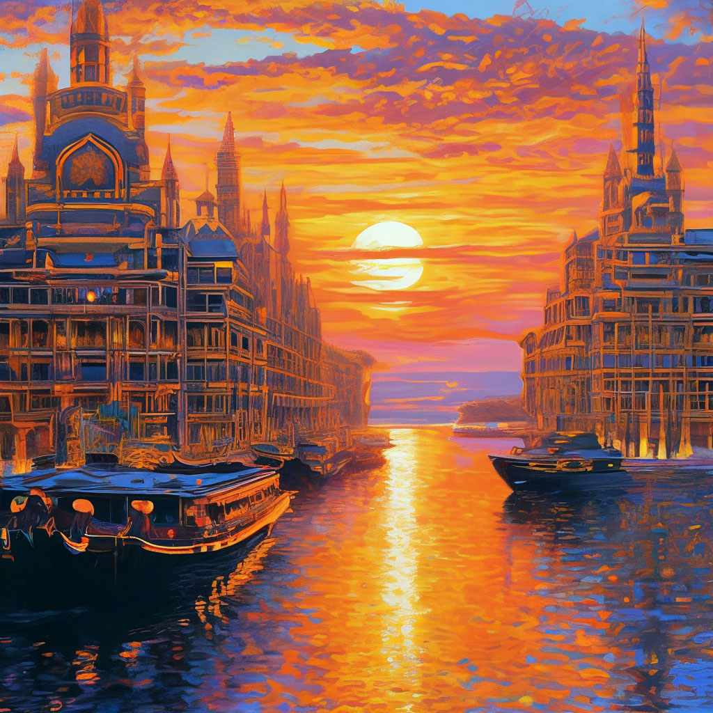 "~ Sunset ~ river, ships, city, palace, India, landscape in the style ...