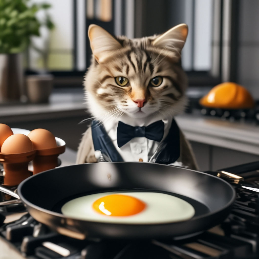"A gentleman cat is frying fried eggs in a frying pan in the kitchen ...