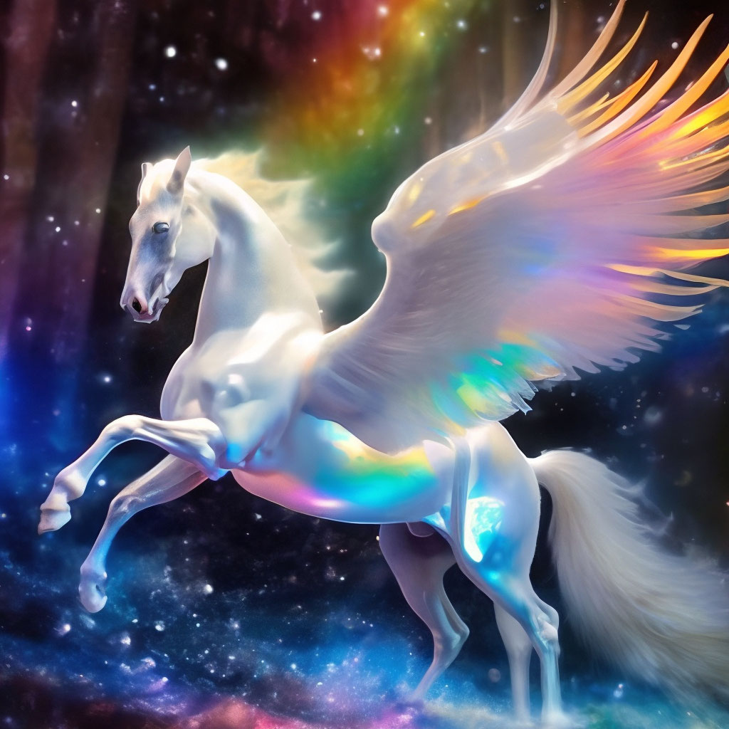 "🦄 snow-white shimmering pegasus, translucent rainbow wings, mother-of ...