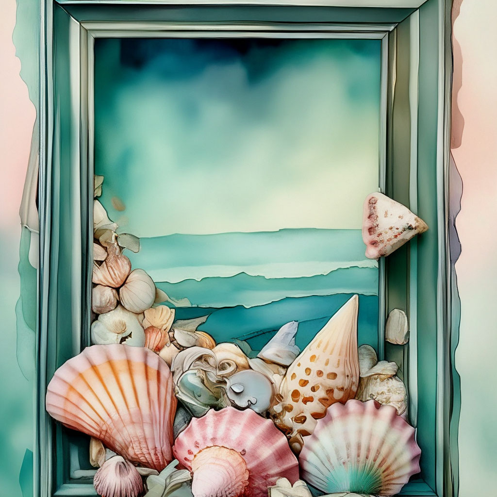 "Still life in a frame with seashells and shells, the frame is densely ...