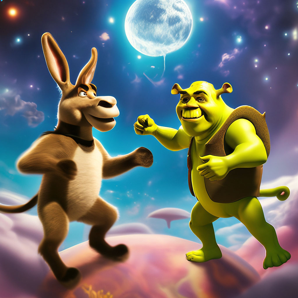 "Shrek and the donkey dance in space" — image created in Shedevrum