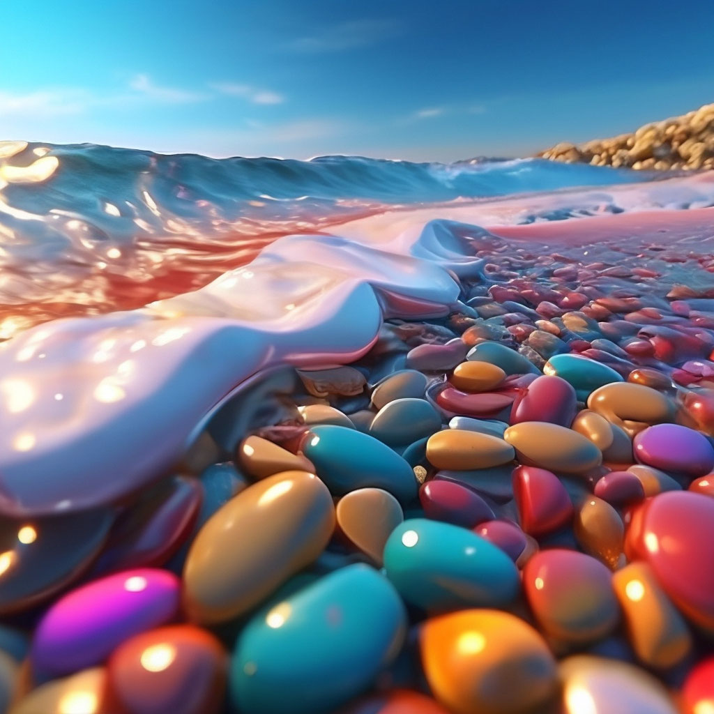 "A gentle wave washes multicolored shiny pebbles, hyperrealism ...