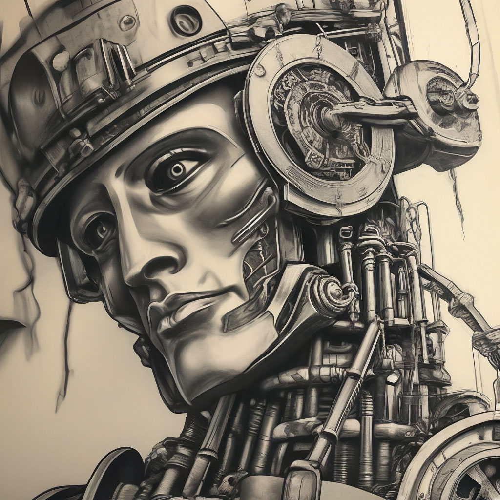 "Detailed vintage ink drawing of a mechanical man +text description ...